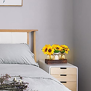 Fowecelt Mason Jar Lights Table Centerpiece Decoration for Dining Room Living Room Kitchen Table Decor Wood Tray with 3 Mason Jars Sunflower Farmhouse Coffee Centerpieces Table Decor