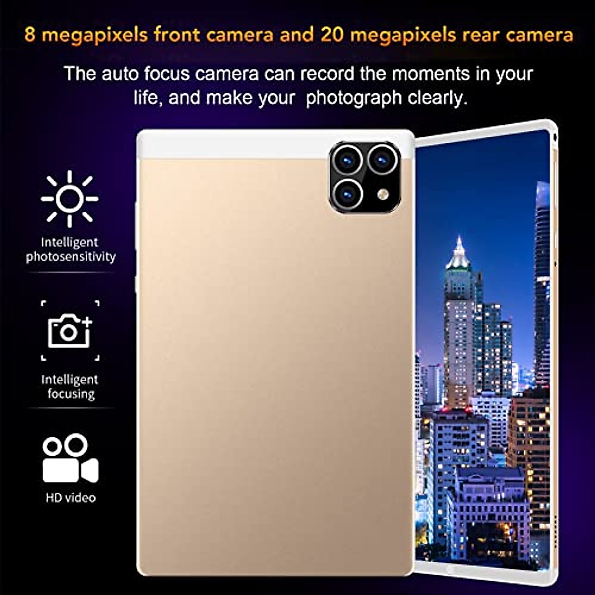 PUSOKEI 8in Android Tablet, Octa Core CPU 4GB RAM 64GB ROM(128GB Expandable Storage), HD IPS Touch Screen, 8MP Dual Camera, Bluetooth, WiFi, Dual SIM Slot, USB C Calling Tablet(Gold)