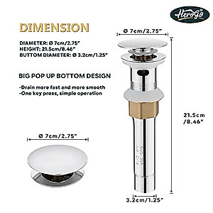 Herogo Bathroom Sink Drain with Overflow, Stainless Steel Chrome Pop Up Drain Stopper with Detachable Built-In Anti-Clogging Strainer for Lavatory Vessel Vanity Sink Drain, Fits Standard Drain Hole