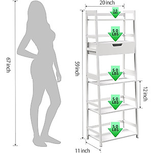 Bookshelf with Drawer, 5 Tiers Bamboo Bookcase Book Shelf Storage Organizer Modern ladder Shelf Display Stand Shelving Unit Tall Book Shelf Corner Rack for Home Office,Living Room,Kitchen,Bedroom,Toy