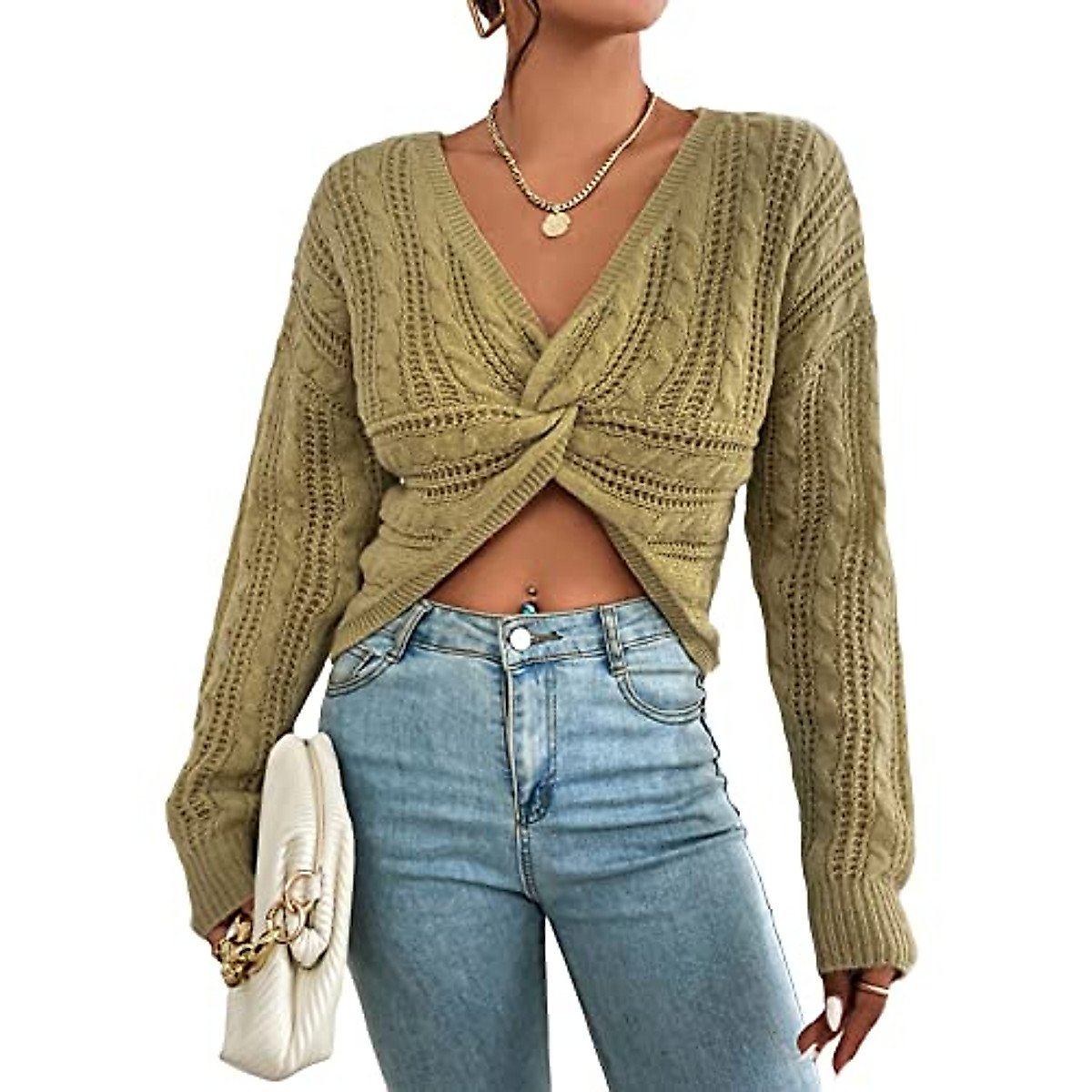 WDIRARA Women's Cable Knit Twsit Front V Neck Long Sleeve Crop Sweater Pullover Khaki L