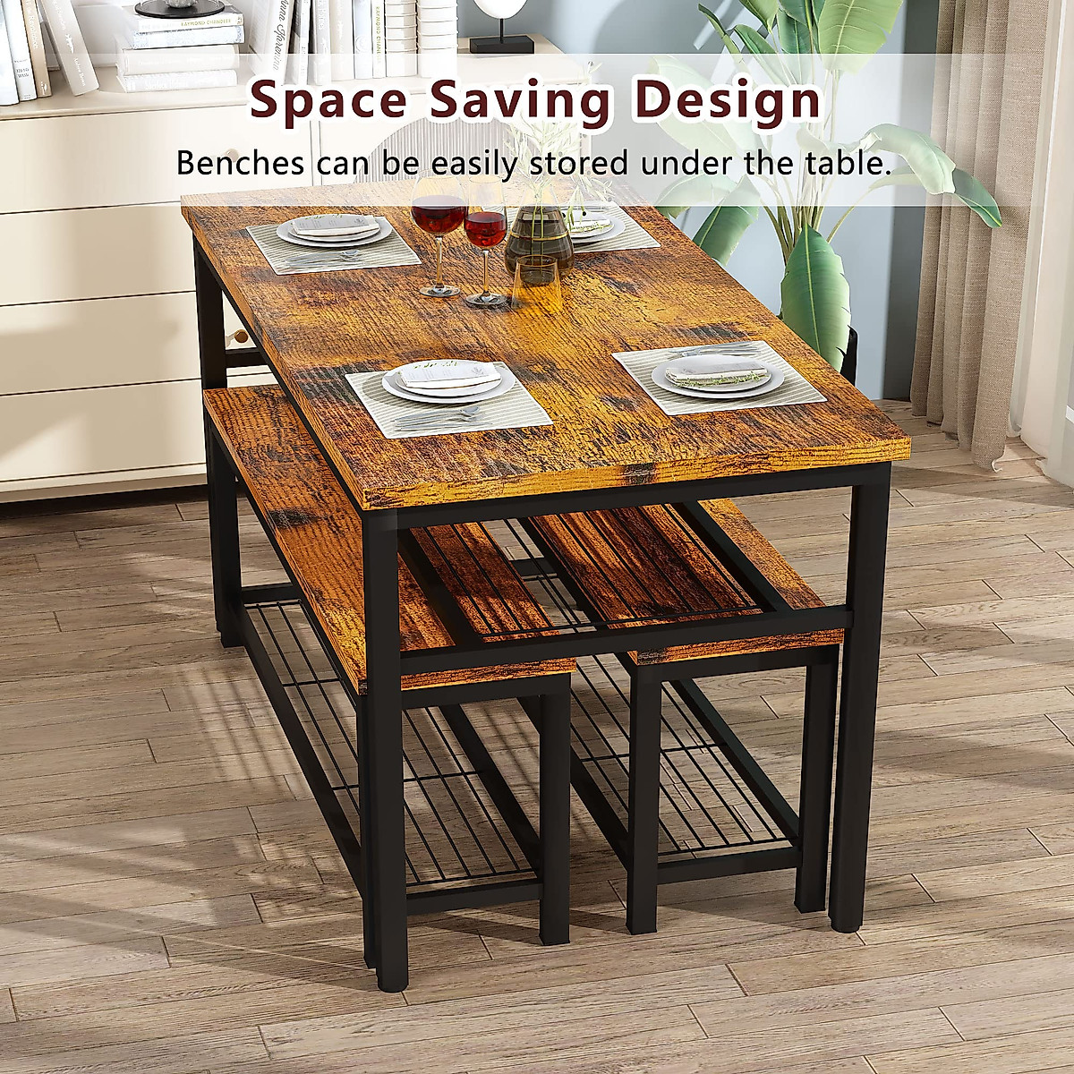 AWQM 43.3" Dining Table Set for 4, Kitchen Dining Table with 2 Benches, Dining Room Table Set with Metal Frame & Storage Rack for Kitchen, Restaurant, Rustic Brown