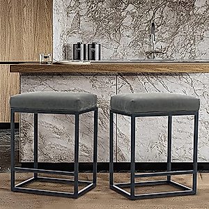 ALPHA HOME 24" Bar Stool Counter Height Bar Stools with Footrest Pu Leather Backless Kitchen Dining Cafe Chair with Thick Cushion & Sturdy Chromed Metal Steel Frame Base for Indoor Outdoor,Grey,2PC