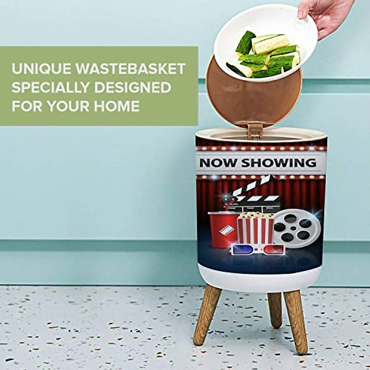 Small Trash Can with Lid Cinema background concept movie theater object on red curtain Garbage Bin Round Waste Bin Press Cover Dog Proof Wastebasket for Kitchen Bathroom Living Room 1.8 Gallon
