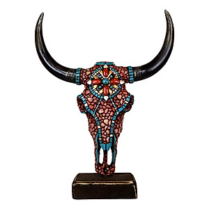 Ebros Gift 18" High Large Western Southwest Steer Bison Buffalo Bull Cow Skull Head with Red Fire Stones Turquoise Beads and Cross Design Desktop Sculpture Native Indian Sacred Skulls