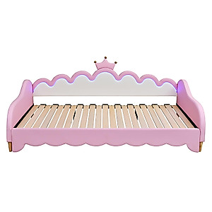 Merax Twin Size Upholstered Princess Bed Frame with Crown Headboard and Light Strips, Space-Saving Extending Daybed Pull Out Sofa Bed for Girls Teens Kids Bedroom, No Box Spring Needed, Pink