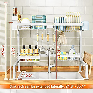 YKLSLH Over The Sink Dish Drying Rack, Expandable Large Dish Drying Rack, Suitable for Most Sinks (24.8 "-35.4") Adjustable Over Sink Dish Drying Rack, Metal Drying Rack Space Saving, White