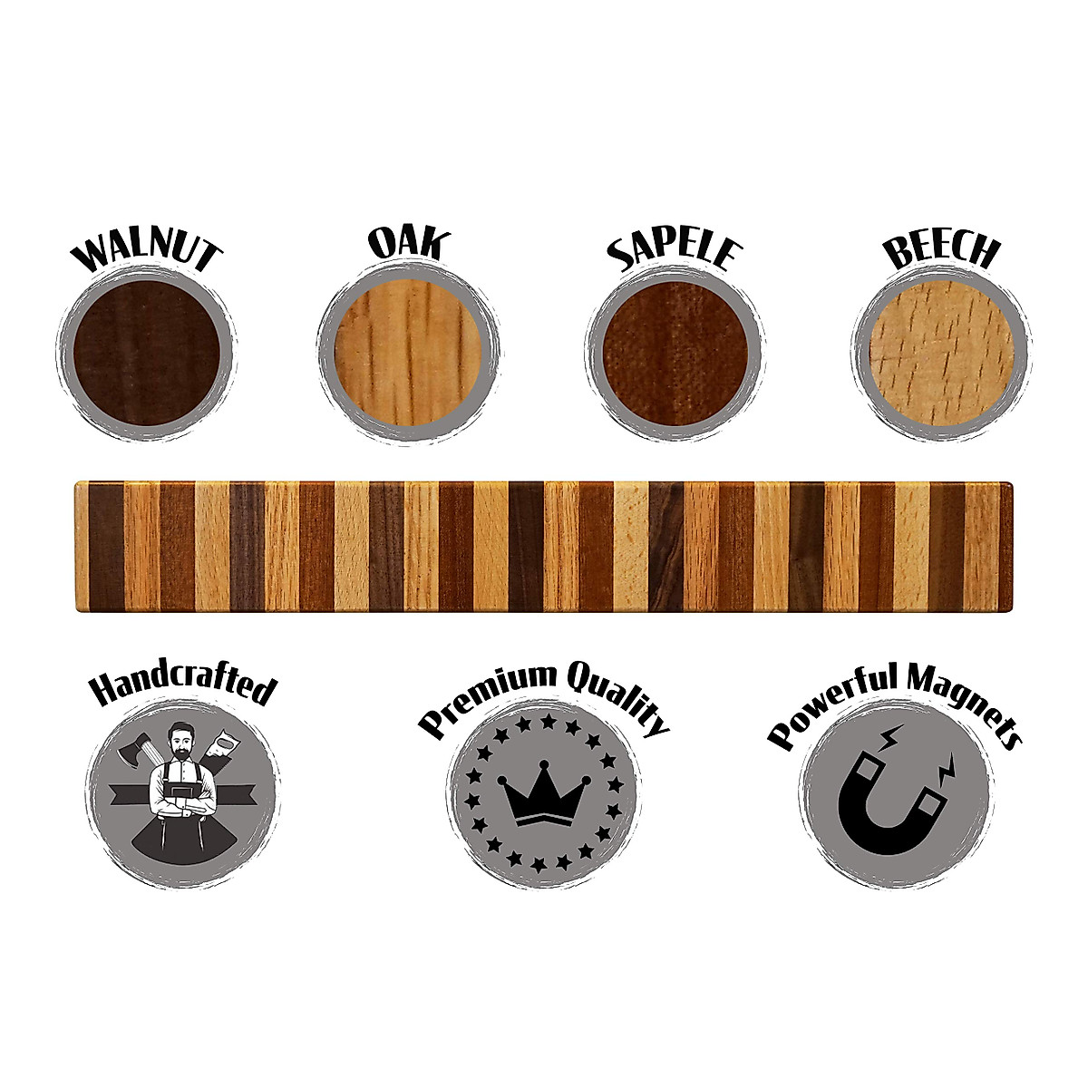 Rainbow Magnetic Knife Strip, Holder 17 Inches Long, Powerful Magnetic Wood Knife Holder for Wall, Made from Walnut, Sapele, Oak, Beech Woods.