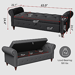 NIOIIKIT 63'' Storage Ottoman Bench, End of Bed Button Tufted Ottoman Bench, Rolled Armed Ottoman Couch Long Bench for Bedroom, Living Room, End of Bed, Hallway(Grey, Polyster)