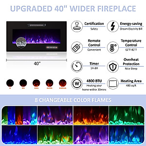 LUXOAK Fireplace TV Stand for TVs up to 75", Modern High Gloss Entertainment Center with 40" Fireplace, 4 Shelves & Storage Cabinets, Media Console Table 68 Inches, Black