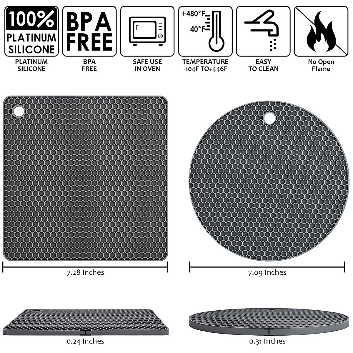 Nstezrne Silicone Trivets for Hot Dishes, Trivet Mat Hot Pads for Kitchen, Silicone Pot Holders for Kitchen, Trivets for Hot Pots and Pans, Heat Resistant Mats for Quartz Countertops, Set 4 Dark Gray