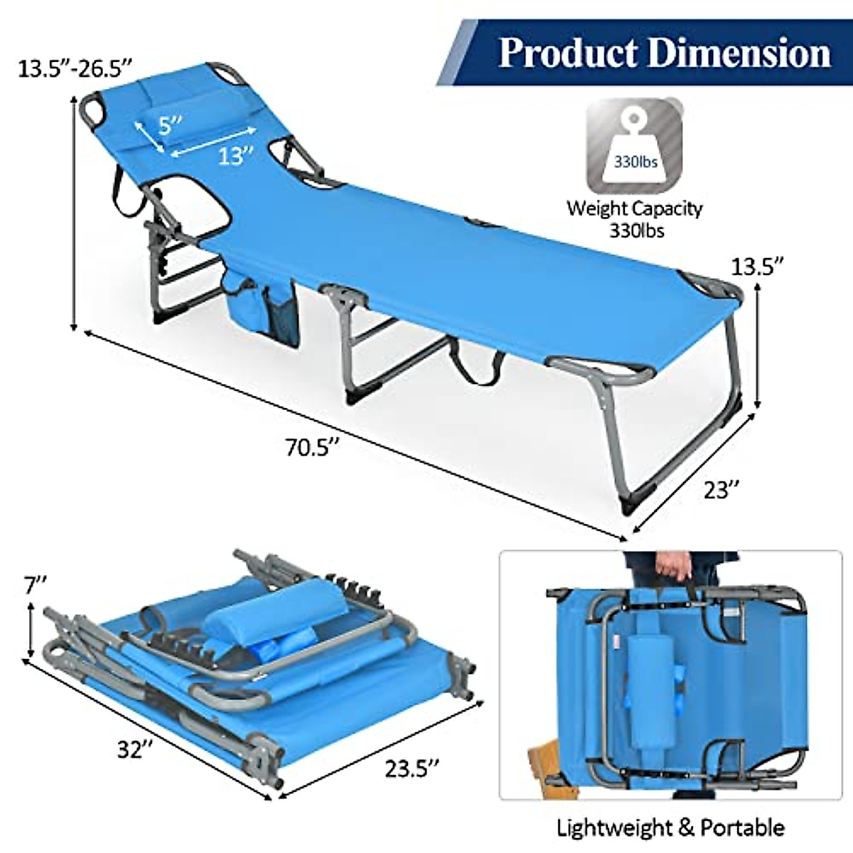 Goplus Tanning Chair, Folding Beach Lounge Chair with Face &Arm Hole, 5-Position Adjustable,Removable Pillow,Side Pocket, Sunbathing Chair, Portable Outdoor Lounge Chair for Patio Pool Lawn (1, Navy)