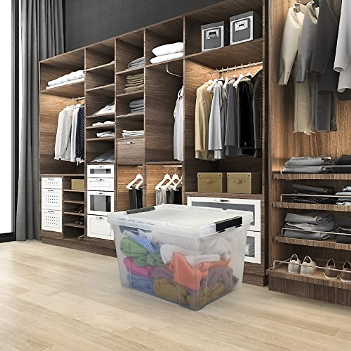 Hespama 50 Quart Clear Plastic Storage Box Bin with Wheels, 4 Packs