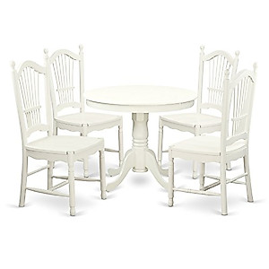 East West Furniture Antique 5 Piece Room Furniture Set Includes a Round Kitchen Table with Pedestal and 4 Dining Chairs, Linen White
