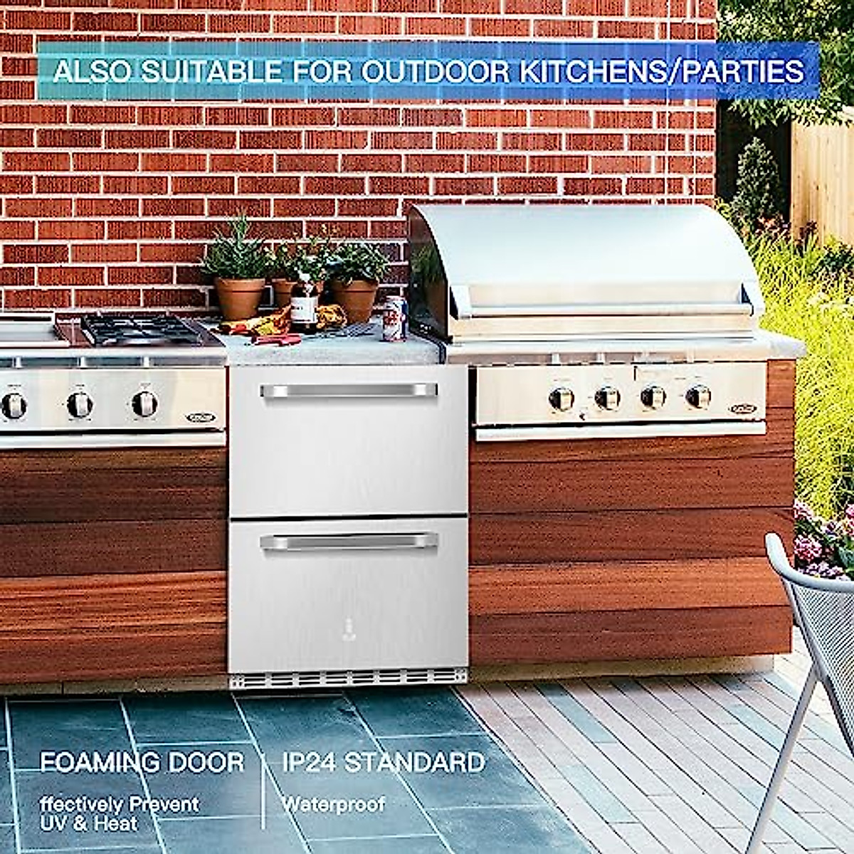 ICEJUNGLE Stainless Steel Refrigerator, Undercounter/Built-in 24" Refrigerators with 2 Drawer, Full Size Fridge for In/Outdoor Use, Premium Stainless Steel Refrigerator with Advanced Cooling System