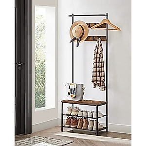 VASAGLE Hall Tree with Bench and Shoe Storage, Entryway Bench with Coat Rack Stand and Shoe Rack, 9 Removable Hooks, Top Bar, Fabric Shelves, Industrial, Rustic Brown and Black UHSR411B01