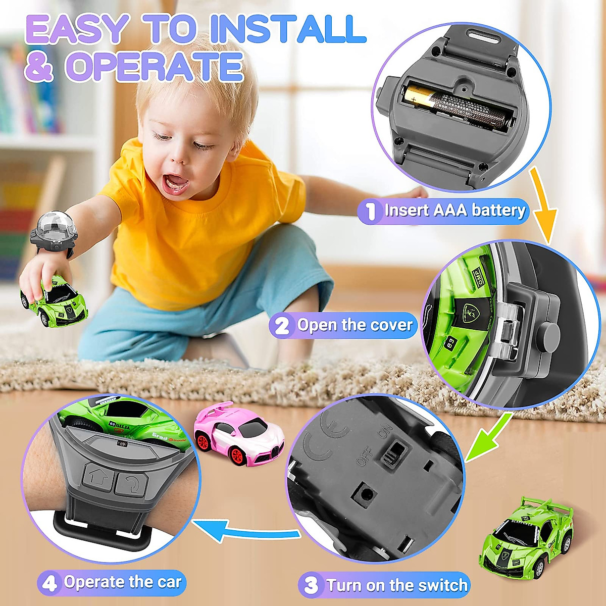 2024 New Mini Remote Control Car Watch Toys, 2.4 GHz Cartoon RC Watch Racing Car, USB Charging Remote Control Car, TikTok Watch Car Hand Controlled Watch RC Car for Boys Girls Birthday Gift (Green)