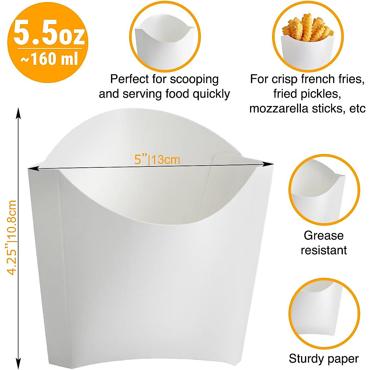 CUSINIUM [5.5 oz Medium White French Fry Containers - Disposable French Fries Holders