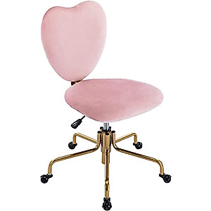 Adjustable Swivel Desk Chair with Wheels, Pink Velvet Upholstered Cute Home Office Desk Chair Vanity Task Chair with Heart Back