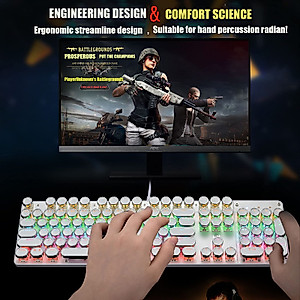YSCP Typewriter Style Mechanical Gaming Keyboard LED Backlit Wired with Blue Switch Retro Round Keycap 104 Keys Keyboard (White 104 Keys LED)