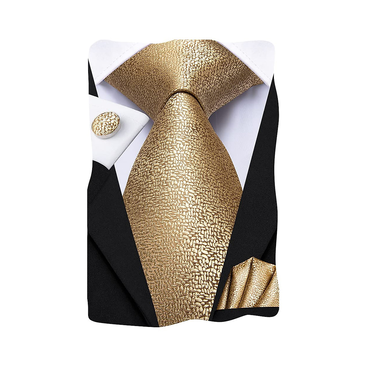 Dubulle Solid Color Mens Gold Necktie with Handkerchief Cufflinks Gold Ties Set for Men and Pocket Square Suit Ties Wedding
