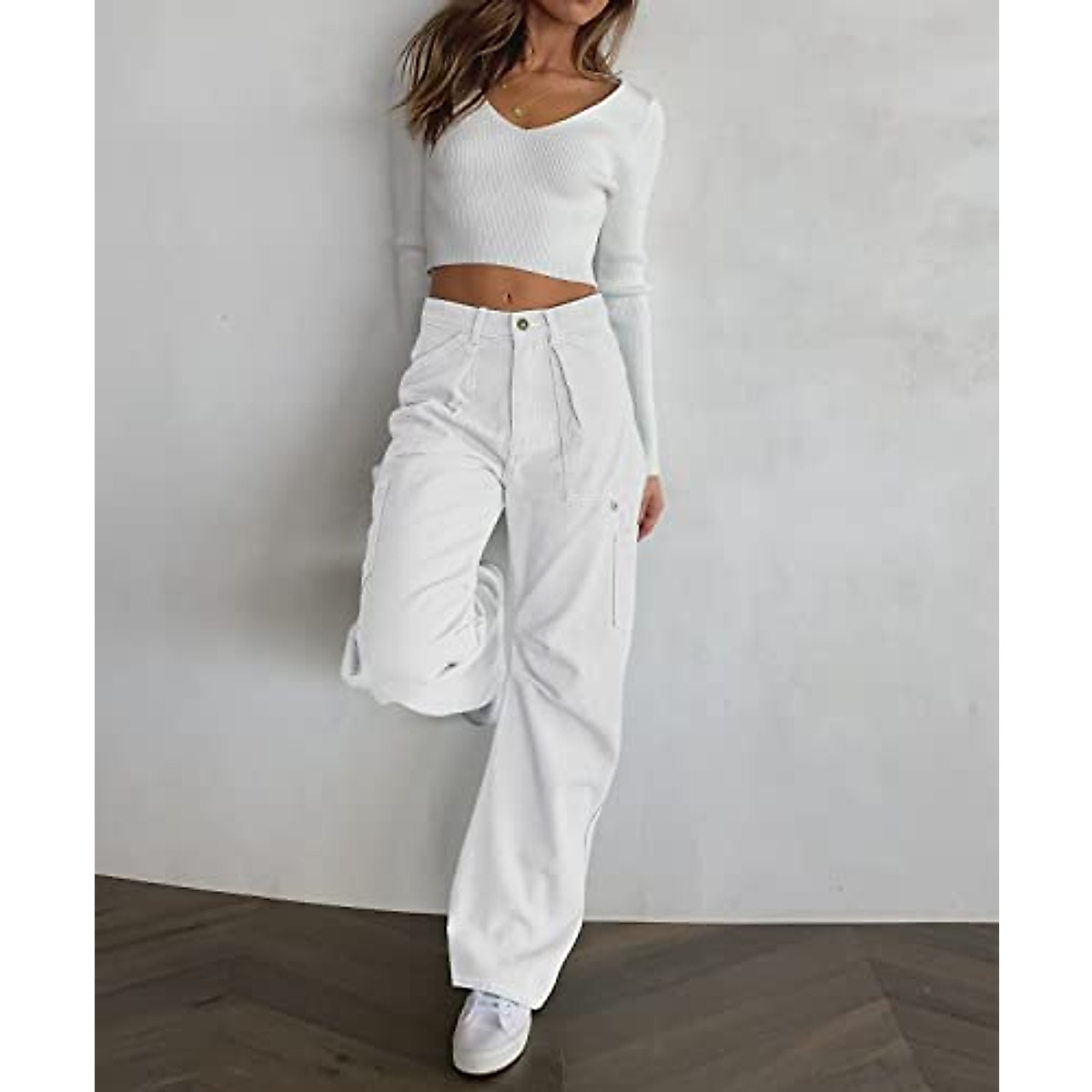 Dokotoo Womens Pants Lounge High Waisted Baggy Wide Leg Work Pants for Women Casual Combat Military Trouser Parachute Pants White