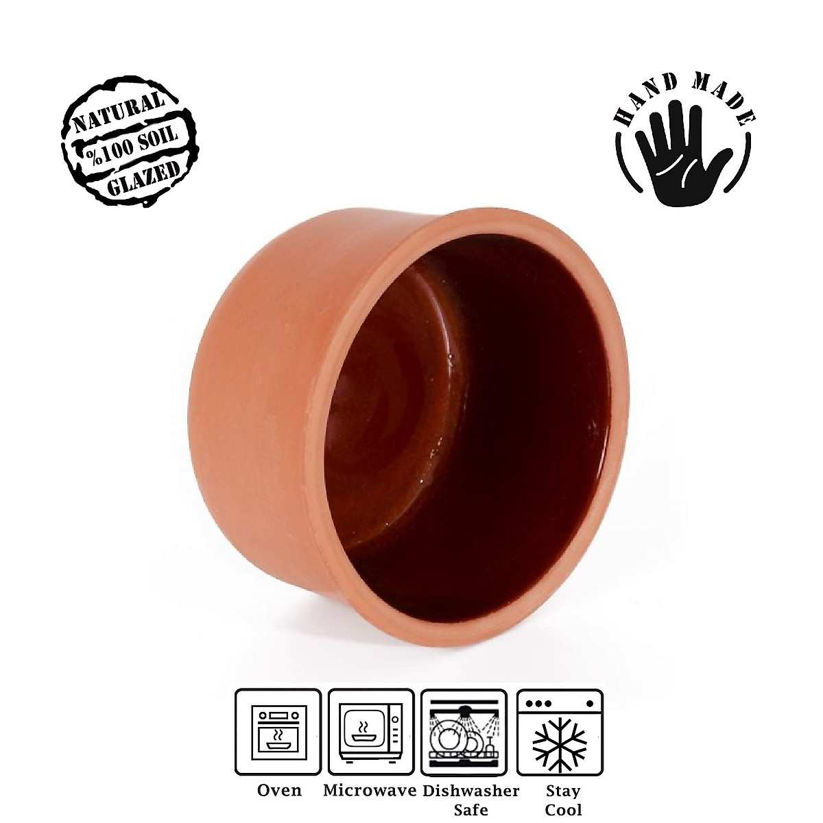 Handmade Clay Cooking Bowl Set of 6, Terracotta Bowls, Earthenware Small Yogurt Pots, Glazed Serving Pots for Mexican Dishes. Earthen Rice Pudding Cups, Turkish Pottery Bowls for Food, 3.3 in