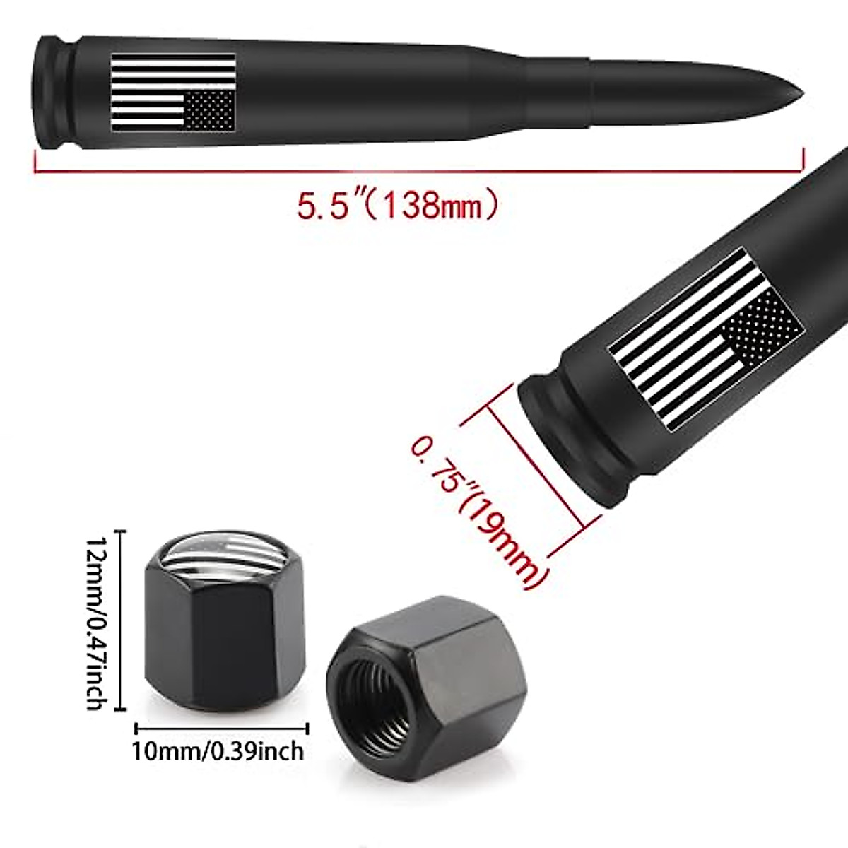Truck Car Bullet Antenna with Valve Stem Caps Mast for GM Chevy Silverado 1500 2500 3500 HD Ford F150 F250 F350 Denali Heavy Pickup Jeep AM/FM Truck Accessories (Matte Black)-America Flag