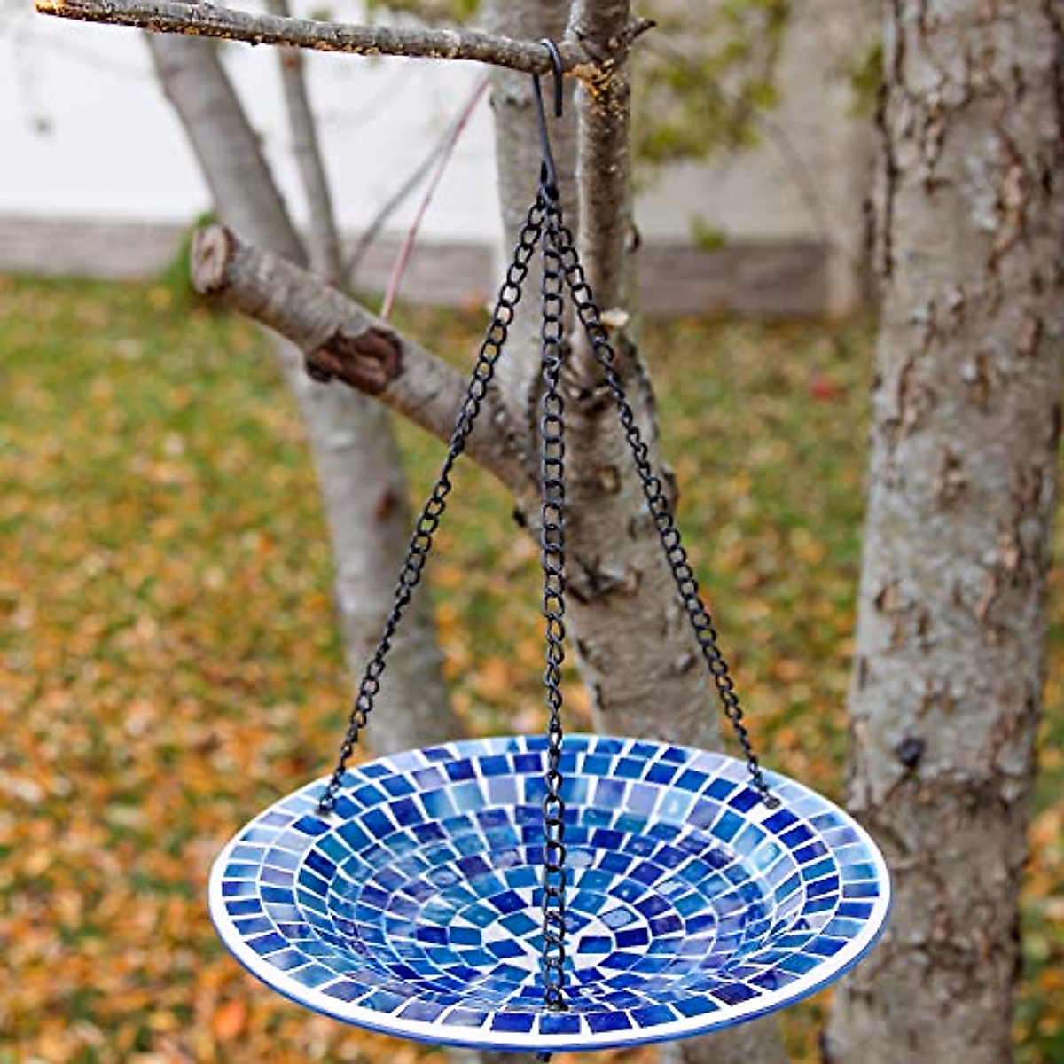 Lily's Home Hanging Colorful Mosaic Glass Bird Bath Bowl - 11" Diameter. (Blue)