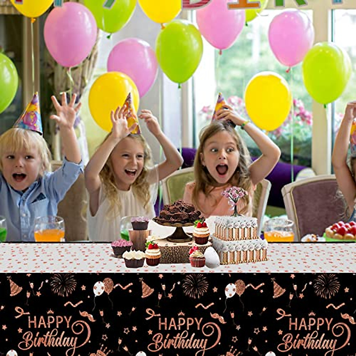 Famoby 4 Packs 54" x 108" Rose Gold Happy Birthday Disposable Plastic Waterproof Table Cover for Rectangle Tables Black Background Indoor & Outdoor Birthdays Anniversary Party Decorations
