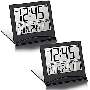 Hicarer 2 Pieces Digital Travel Alarm Clock Battery Operated Foldable LCD Clock with Calendar Temperature Snooze Mode Multifunction Small Desk Clock Portable Clock Large Display Desk Clock(Black)