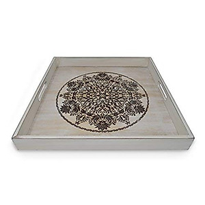 Decorative Wooden Serving Tray with Engraved Art, Ottoman Breakfast Tray for Carrying Drinks Letters Mail, 15.75 x 15.75 in (40 x 40 cm) Display Piece, Rustic Antique Distressed Look