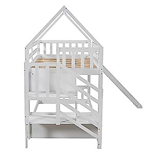 DEYOBED Twin Over Twin Wooden Bunk Bed with Slide and Storage Staircase for Kids Adults