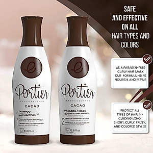 Portier Cacao Shampoo and Brazilian Hair Mask for Dry, Damaged Hair, Advanced 2-Step Treatment, Smoothing and Moisturizing Haircare for Curly, Color Treated, or Frizzy Hair. Each Bottle is 34fl.oz/1L
