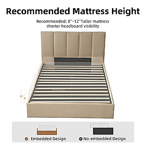 VELOCAVA Queen Size Lift-Up Storage Bed, Hydraulic Linen Upholstered Bed Frame with Vertical Panel Headboard, Wooden Slat Support, No Box Spring Needed, Easy Assembly, Soft Bed, Beige
