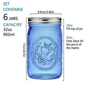 eleganttime Blue Wide Mouth Mason Jars 32 oz,6 Pack Colored Quart Glass Canning Jars with Airtight Lids for Canning,Pickling,Storage,DIY Crafts & Décor