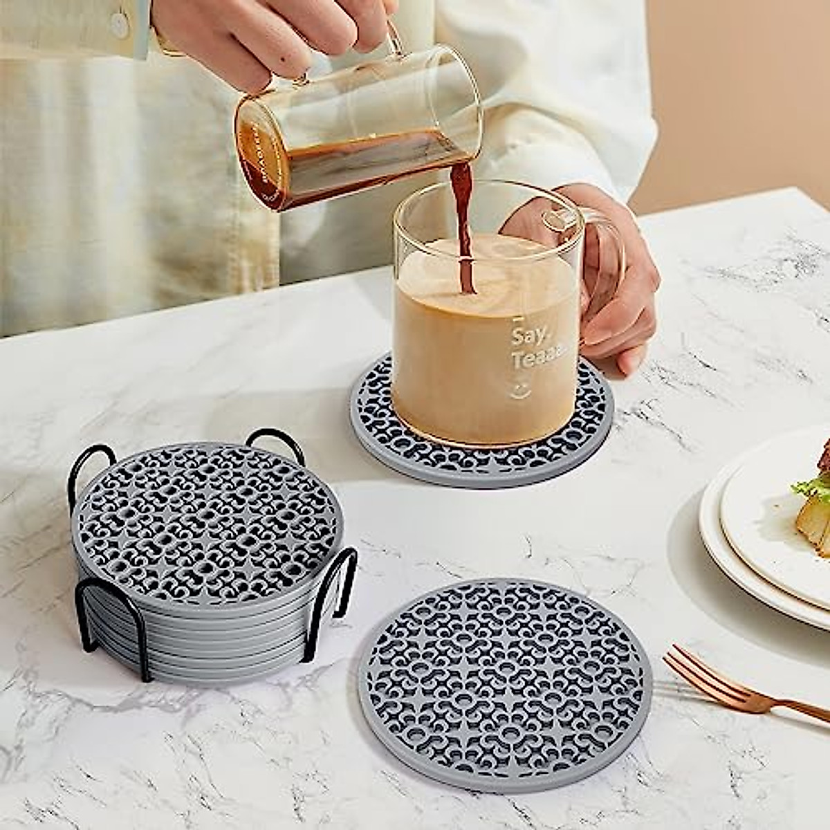 Set of 10 Silicone Coasters-Pinesea Coasters for Drinks and Coffee Table，Drink Coasters with Holder Suitable for Kinds of Cups, Wooden Table, Home Decor, 4 Inches