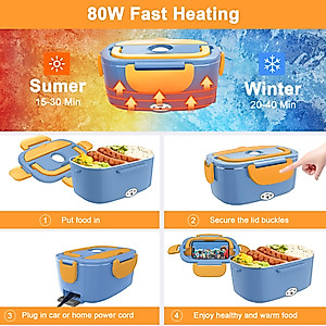 HOLDRUBY 75W Electric Lunch Box food heated 3 In 1 Portable Food Warmer Heater for Car/Truck/Home Heating Lunch Box with 1.5L 304 SS Container, Fork Spoon & Bag (Light Blue+Yellow)