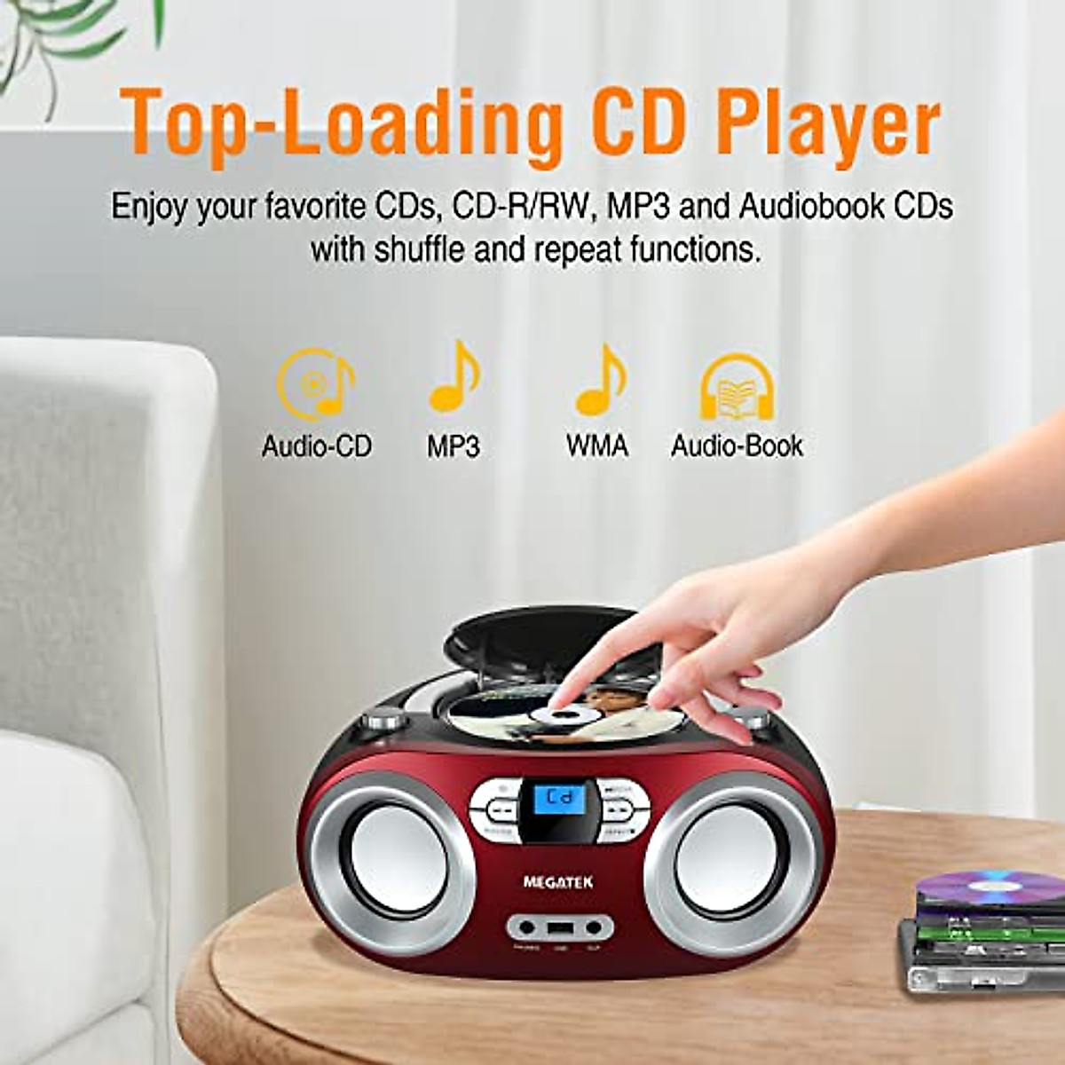 MEGATEK Portable CD Player Boombox with FM Radio, Bluetooth, USB, Aux-in and Headphone Jack, CD-R/RW and MP3 CDs Compatible, Enhanced Stereo Sound, AC/Battery Operated - Cherry Red