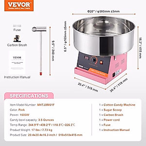 VEVOR Electric Cotton Candy Machine, 19.7-inch Commercial Cotton Candy Floss Maker with Stainless Steel Bowl and Sugar Scoop, Perfect for Family Party, Pink