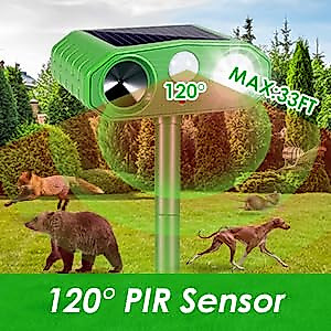 2 PCS Ultrasonic Animal Repellent Outdoor Solar Animal Repeller Waterproof with Motion Sensor & Strobe Light Alarm Sound Animal Deterrent for Cat Squirrel Raccoon Deer Fox Coyote Skunk Bird Repellent