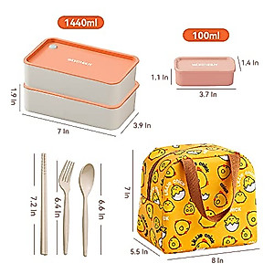 ArderLive Stackable Lunch Bento Box with Bag and Utensils, Microwave Safe, BPA-Free Eco-Friendly Lunch Containers for Adults Japanese, Orange Denim Bag with Bonus Dip Container