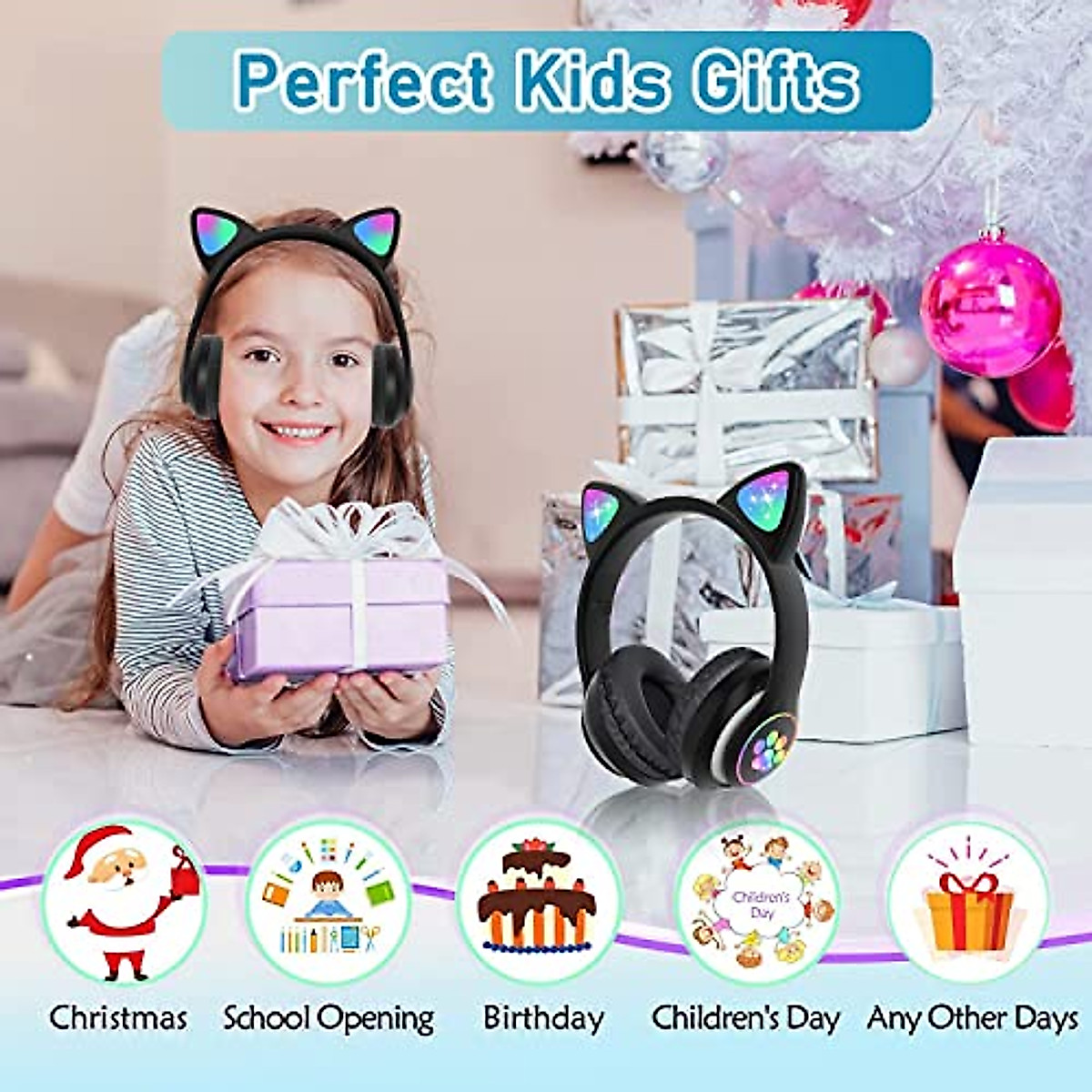 KERHAND Bluetooth Headphones for Kids, Cute Ear Cat Ear LED Light Up Foldable Headphones Stereo Over Ear with Microphone/TF Card Wireless Headphone for iPhone/iPad/Smartphone/Laptop/PC/TV (Black)