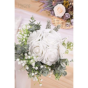 MACTING White Artificial Flowers 30pcs Real Touch Faux Flower Foam Fake Roses with Stems for DIY Wedding Bouquets Centerpieces Floral Arrangements Party Tables Home Decorations