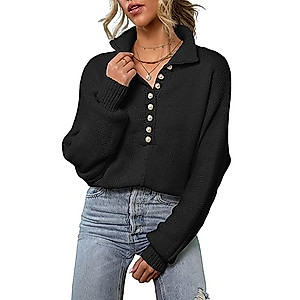 EVALESS Womens Fall Knit Chunky Oversized Sweater 2024 Trendy Fashion Stand Collar Button-Up Long Sleeve V Neck Pullover Tops Outfits Clothes Black X-Large