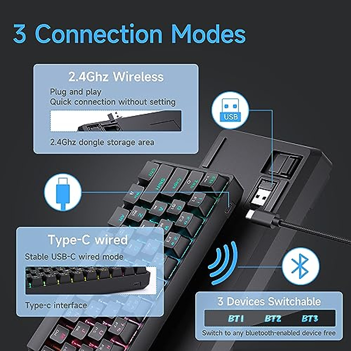 DIERYA T63 60% Wireless Mechanical Gaming Keyboard, Bluetooth/2.4G/Wired RGB Backlit Ultra-Compact 63 Keys Keyboard for PC/Mac Gamer, Typist, Traveler with Blue Switch-Black