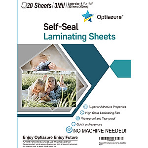 Optiazure Self-Seal Laminating Sheets 9.1"x11.8" Inches, 3mil 20Pack, Letter Size, Single Sided