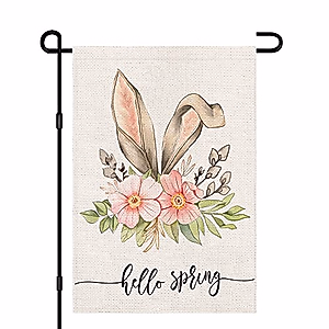 Hello Spring Bunny Floral Garden Flag 12×18 Inch Burlap Double Sided Outside, Seasonal Sign Yard Outdoor Decoration DF249