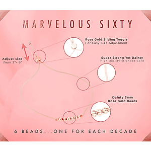 Lucky Feather 60th Birthday Gifts for Women - 14K Rose Gold Dipped Beads Bracelet on Adjustable Cord, 60th Birthday Jewelry Gift Ideas for 60 Year Old Woman