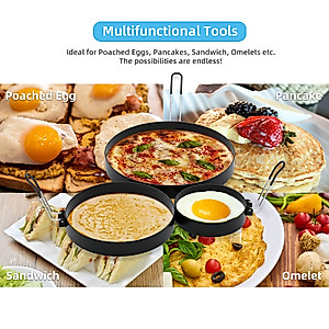 Ameupin 8" Omelet Ring, 6" Pancake Ring, 3.5" Egg Ring for Griddle Frying Eggs (Upgrade Large 3 Pack Stainless Steel Non Stick Round Cooking Rings Molds with Oil Brush and Egg Separator)